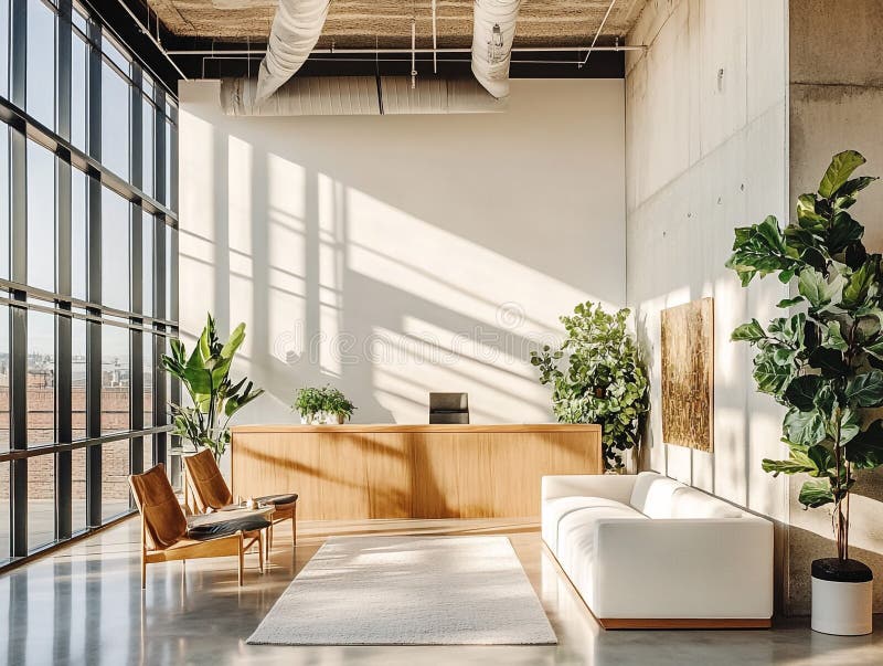 Modern Office Reception Area Sunlight Plants Minimalist Design Stock ...