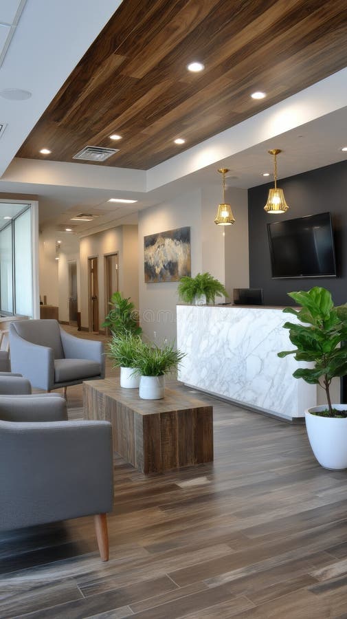Modern Office Reception Area with Wood Accents and Marble Counter Stock ...