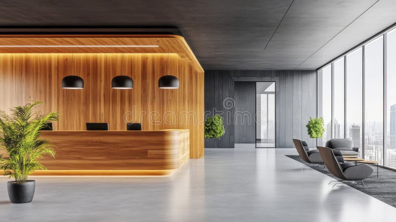 Modern Office Reception Area with Wood and Concrete Stock Illustration ...