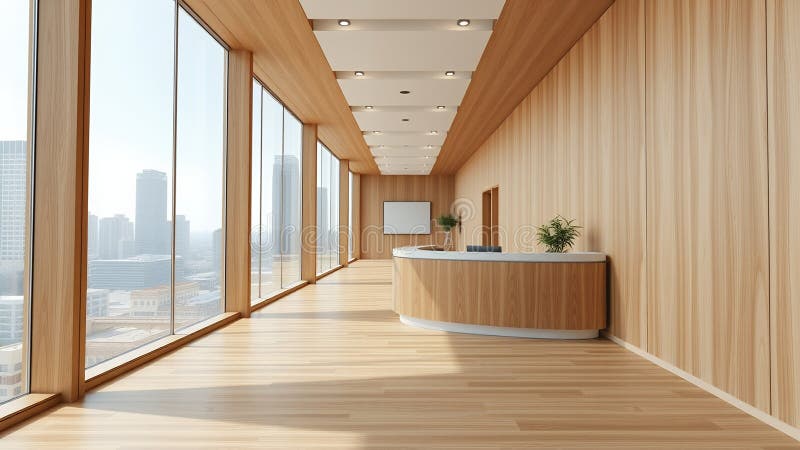 Modern Office Reception Area with a Wooden Desk Stock Illustration ...