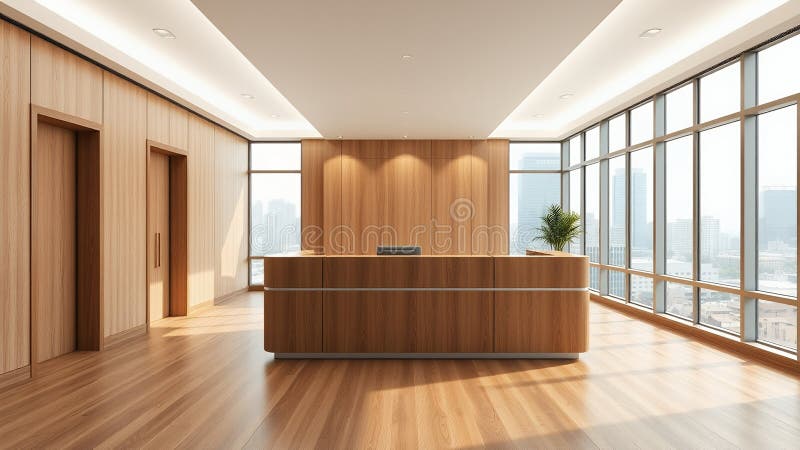 Modern Office Reception Area with a Wooden Desk and Large Windows Stock ...