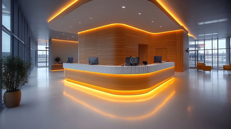 Modern Office Reception Area Wooden Desk Warm Lighting Comfortable ...