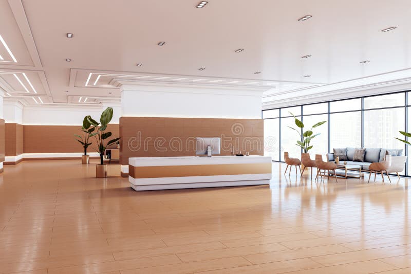 Modern Office Reception Area with Wooden Flooring, White Ceiling, and ...
