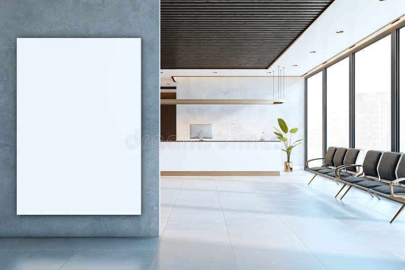 Modern Office Reception with Blank Vertical Board for Display. 3D ...