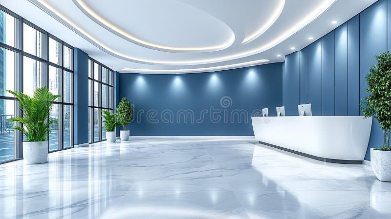 Modern Office Reception City View Marble Floor Blue Walls Stock Photos ...