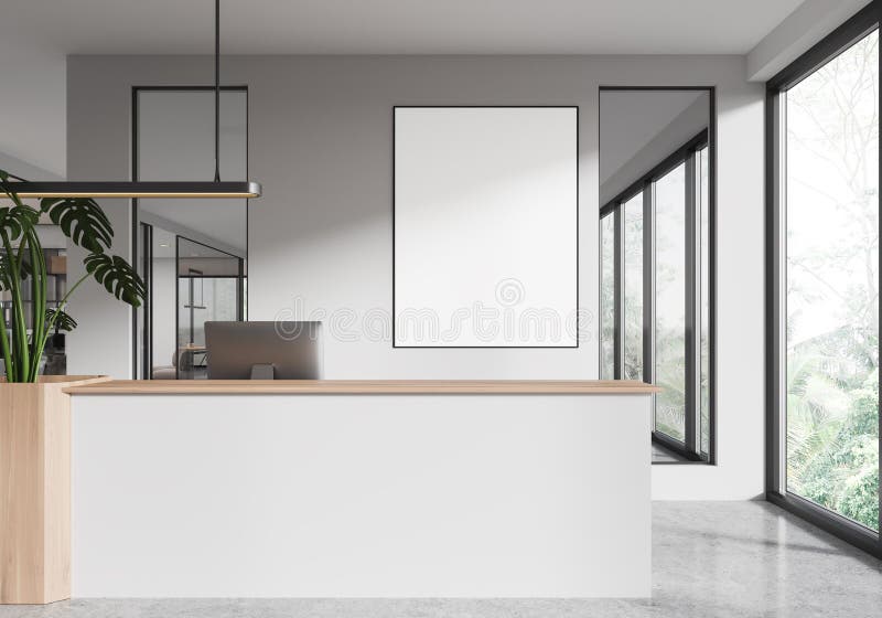 Modern Office Reception with a Computer on a White Desk, Large Windows ...