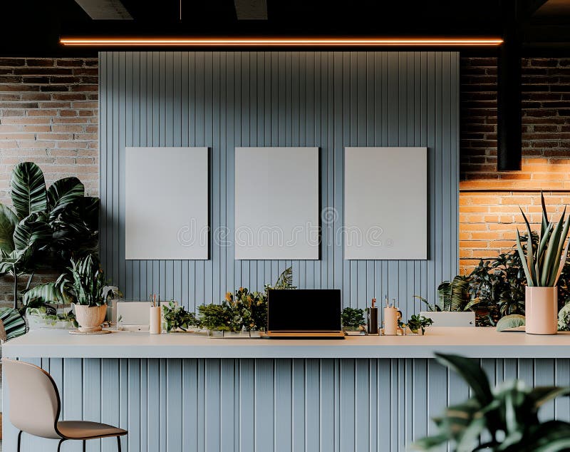 Modern Office Reception Desk with Blank Frames and Plants Stylish ...