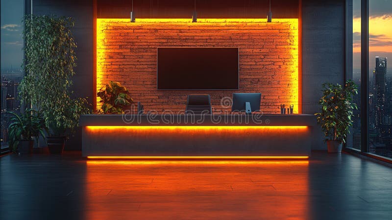 Modern Office Reception Desk with Brick Wall, Plants, and City View at ...