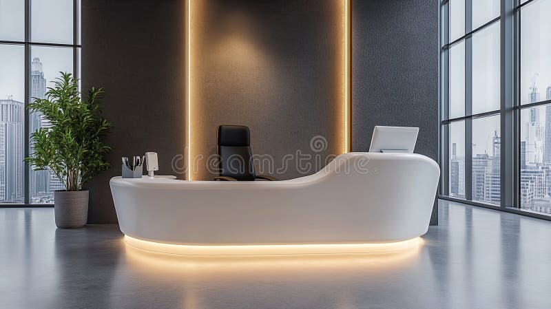 Modern Office Reception Desk with City View Stock Photo - Image of ...