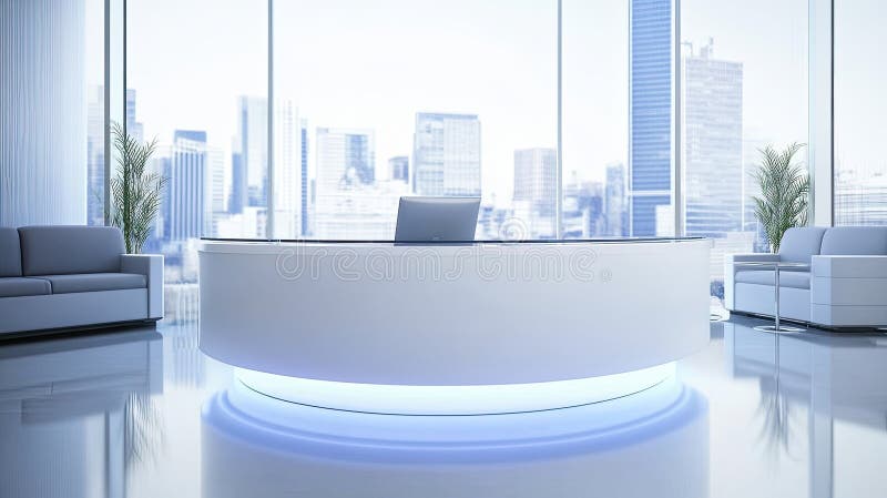 Modern Office Reception Desk with City View Stock Image - Image of ...