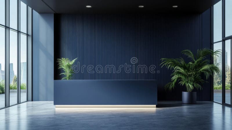 Modern Office Reception Desk with City View Stock Illustration ...