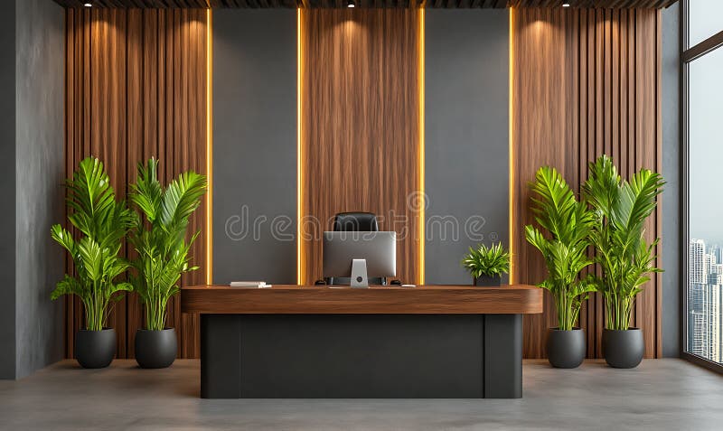 Modern Office Reception Desk with City View Stock Illustration ...