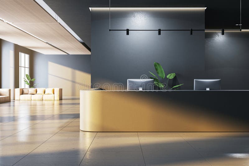 Modern Office Reception Desk with Computers, Beige Wall, and Seating ...