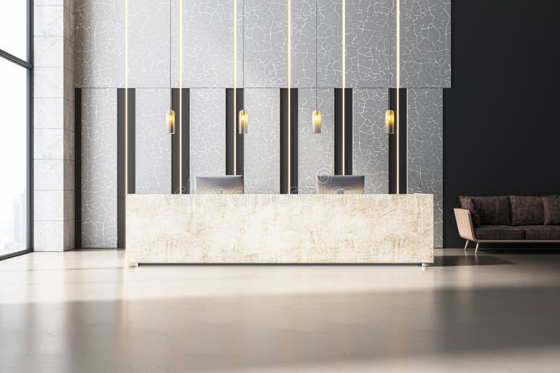 Modern Office Reception with Desk and Computers in Minimalistic Design ...