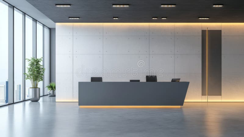 Modern Office Reception Desk with Concrete Wall and City View Stock ...