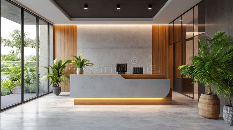 Modern Office Reception Desk with Concrete and Wood Stock Illustration ...