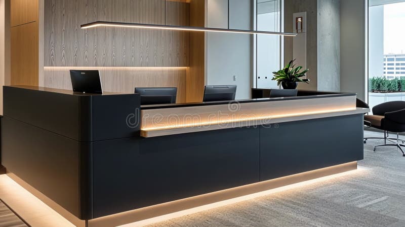 Modern Office Reception Desk with Integrated Lighting in a Corporate ...