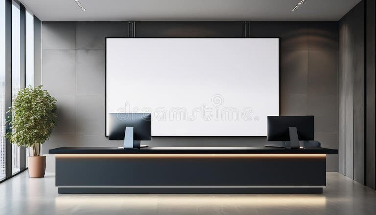 Modern Office Reception Desk with a Large Blank Vertical Display on the ...