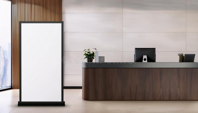 Modern Office Reception Desk with a Large Blank Vertical Display on the ...
