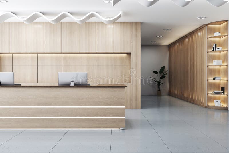 Modern Office Reception with Dynamic Ceiling Pattern and Warm Wood ...