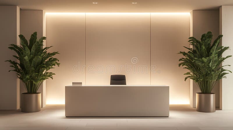 Modern Office Reception Interior Design with Plants and Warm Lighting ...