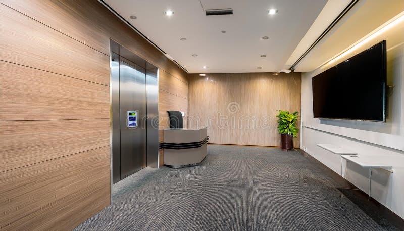 Modern Office Reception Interior Desk and Elevator, Tv Screen and ...