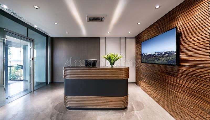 Modern Office Reception Interior Desk and Elevator, Tv Screen and ...