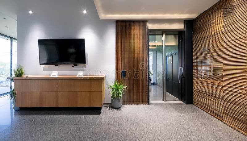 Modern Office Reception Interior Desk and Elevator, Tv Screen and ...
