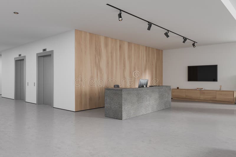 Modern Office Reception Interior Desk and Elevator, Tv Screen and ...