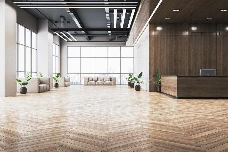 Modern Office Reception Interior with Wooden Desk, Seating Area, and ...