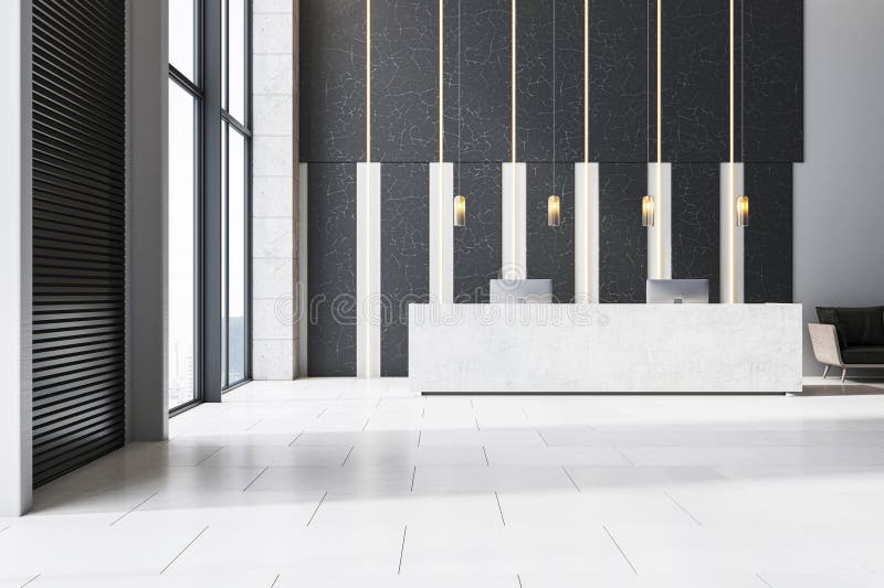 Modern Office Reception Lobby with a Minimalist Desk and Computers. 3D ...