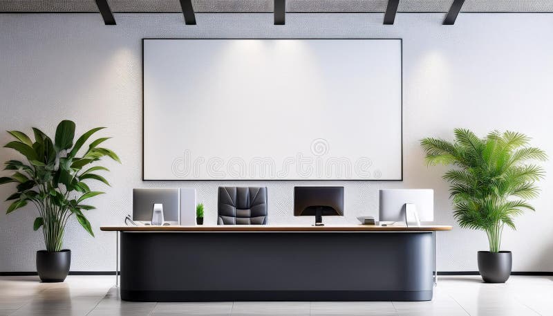Modern Office Reception with Minimalistic Design, Large Desk, Computers ...
