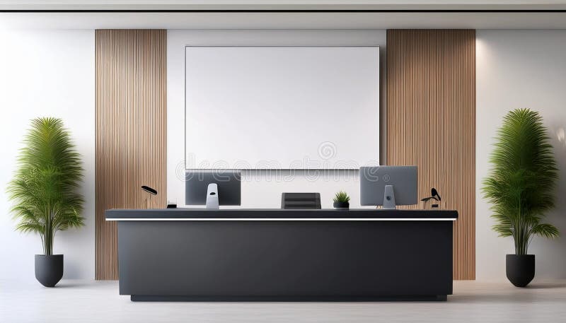 Modern Office Reception with Minimalistic Design, Large Desk, Computers ...