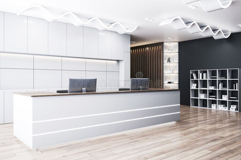 Modern Office Reception with Unique Wavy Ceiling Design and Bright ...