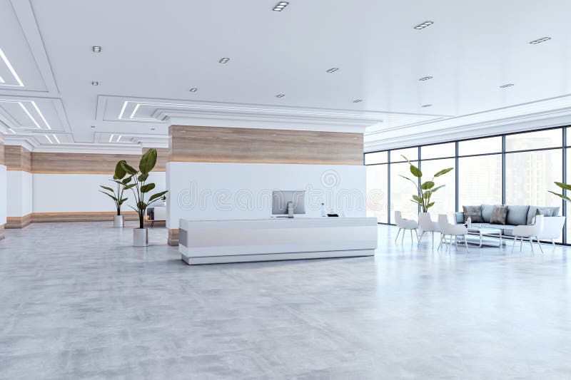 Modern Office Reception with a White Desk and Seating Area. 3D ...