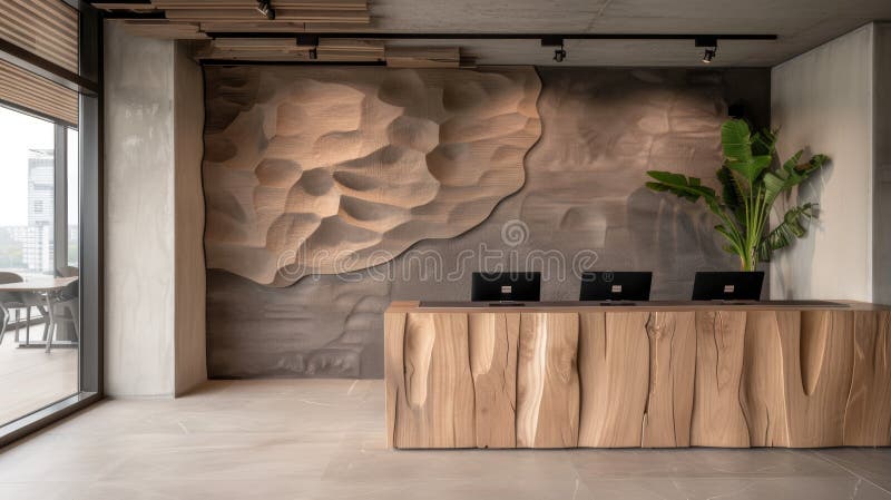 Modern Office Reception with Wooden Counter and Large Textured Wall Art ...