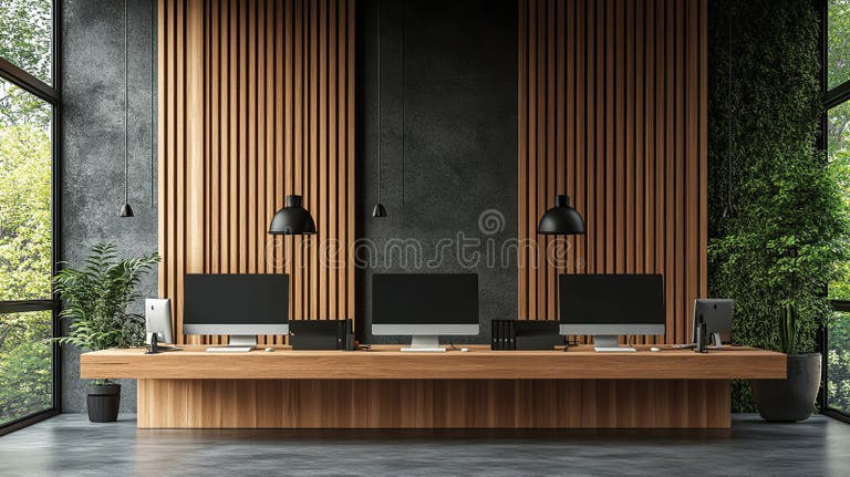 Modern Office Reception with Wooden Wall, Computers, and Plants Stock Illustration ...