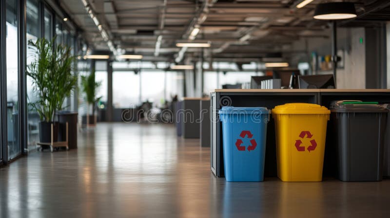 A Modern Office with Recycling Bins and a Spacious, Bright Work Area ...