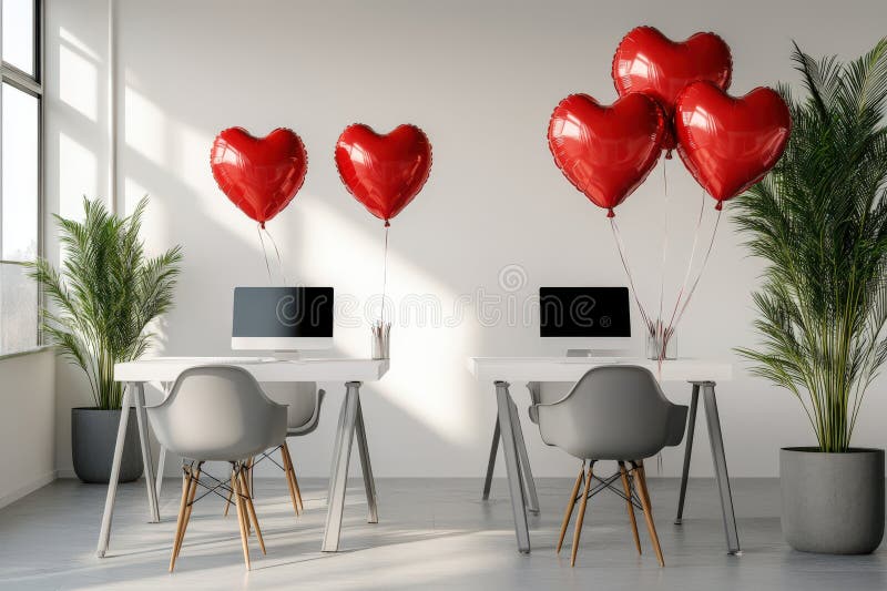 Modern Office with Red Heart Balloons and Minimalist Decor Stock ...