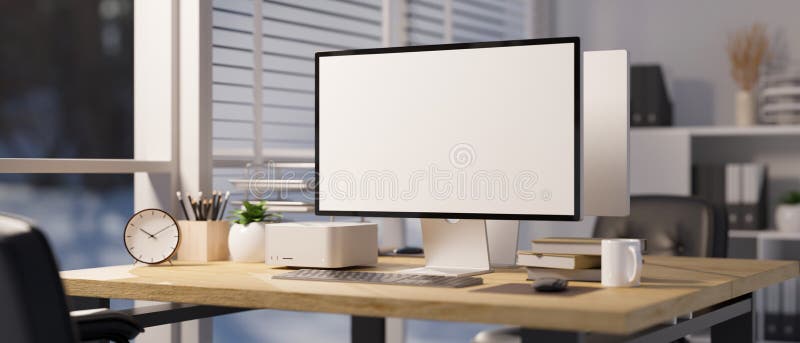 Mockup Desktop Computer Showing White Screen and Copy Space on Studio ...