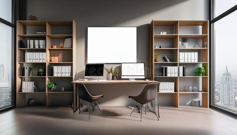 Modern Office Room Interior with Pc Computers and Shelf. Mockup Frame ...