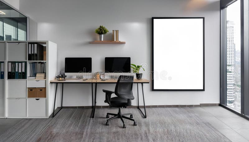 Modern Office Room Interior with Pc Computers and Shelf. Mockup Frame ...