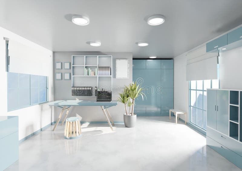 Modern Office Room Interior Scene 3D Render Stock Illustration ...