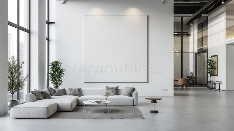 Modern Office Room Interior White Walls, and a Vertical Poster on the ...