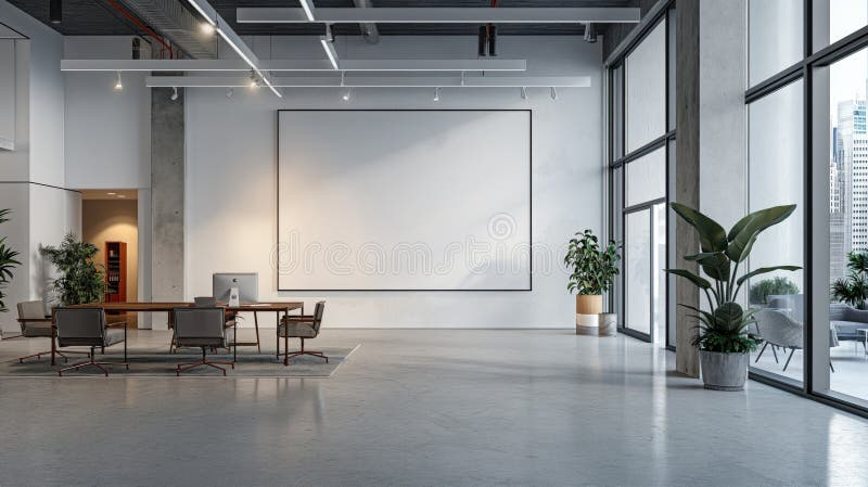 Modern Office Room Interior White Walls, and a Vertical Poster on the ...