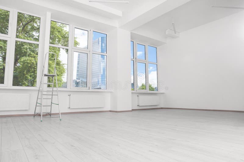 Modern Office Room with White Walls and Windows. Interior Design Stock ...