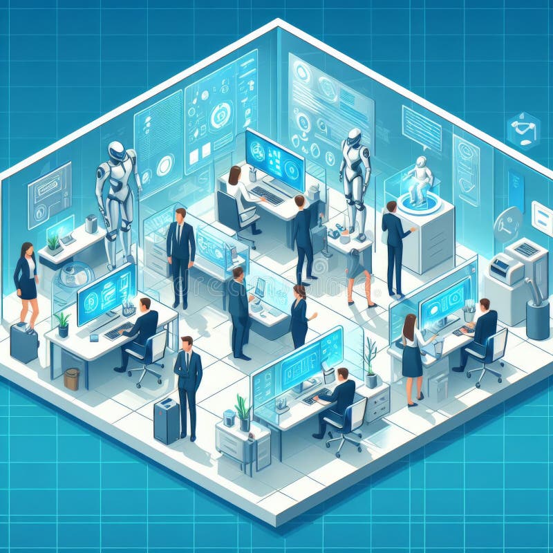 Futuristic Office with Robots and Business People Stock Photo - Image ...