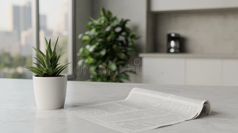 Modern Office Scene with Newspaper and Plant Stock Illustration ...