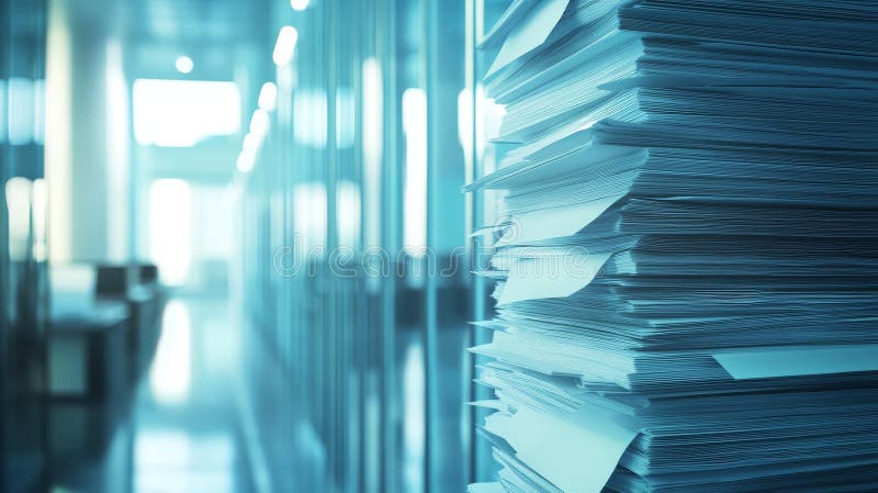 A Modern Office Scene with Stacks of Labeled Documents, Set Against a ...