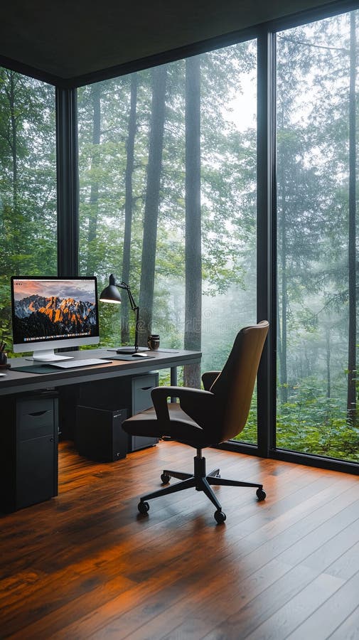Tranquil Forest Office with Modern Workspace and Panoramic Woodland ...